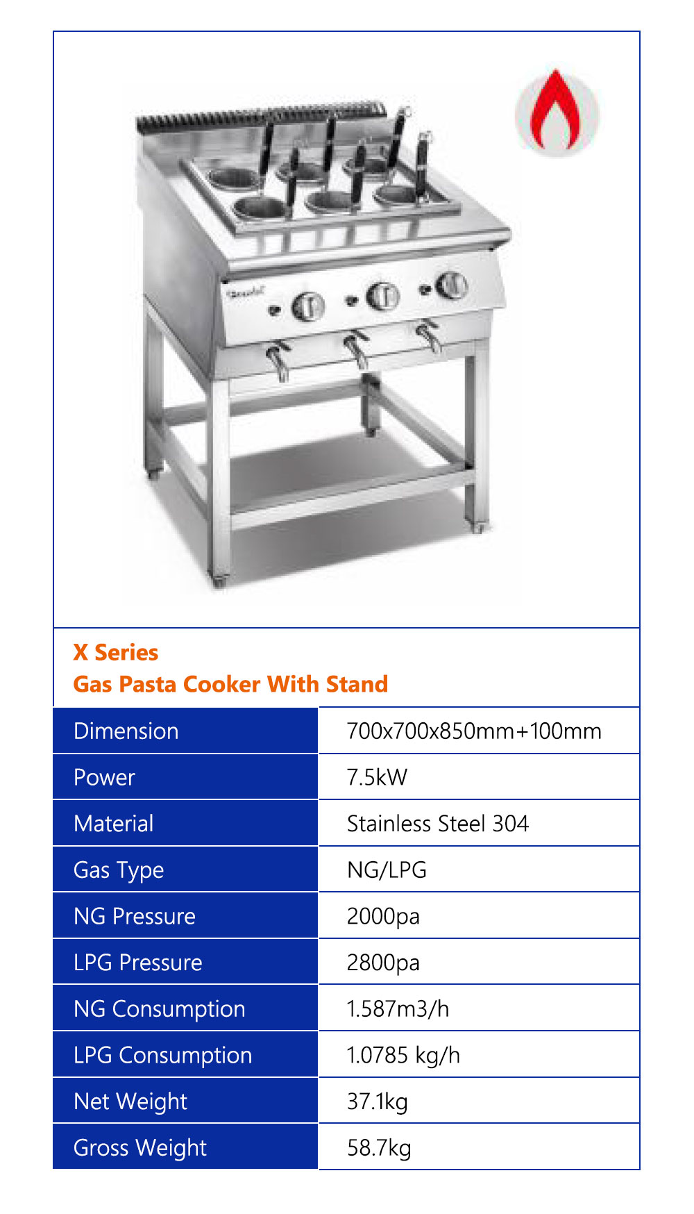 Gas Pasta Cooker with Open Cabinet