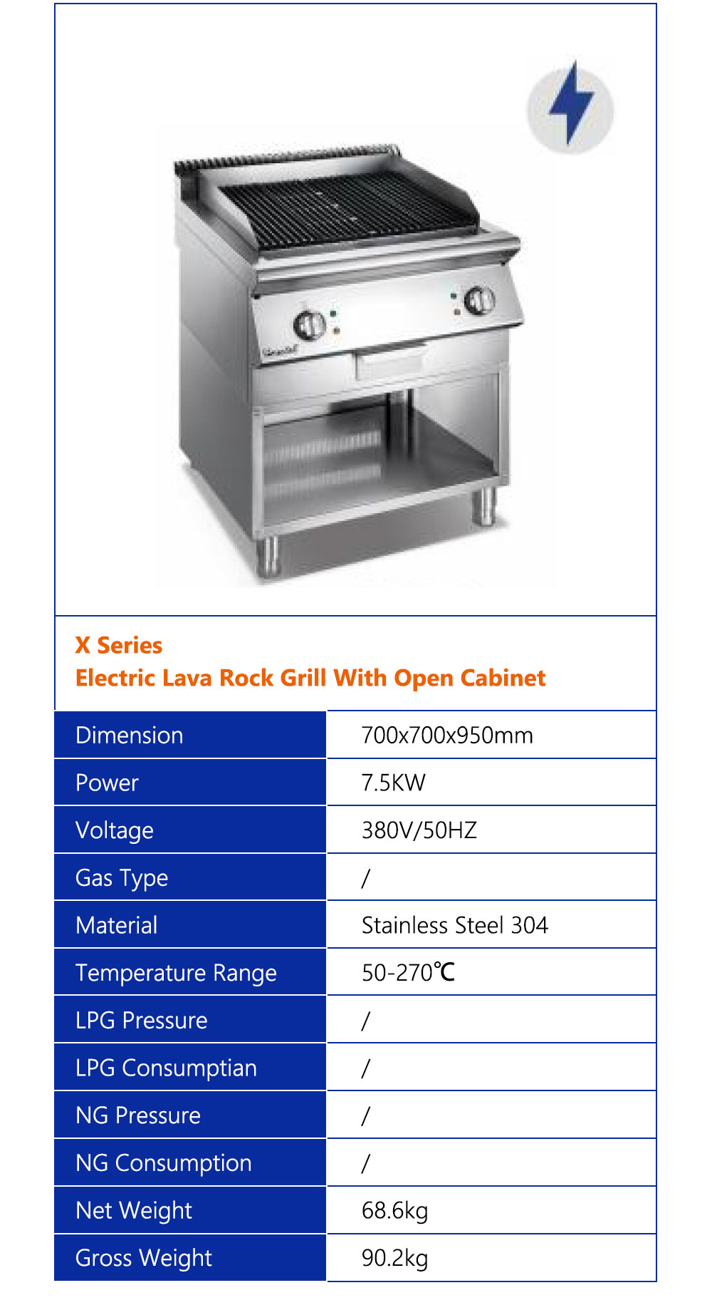 Commercial Electric Lava Rock Grill with Open Cabinet